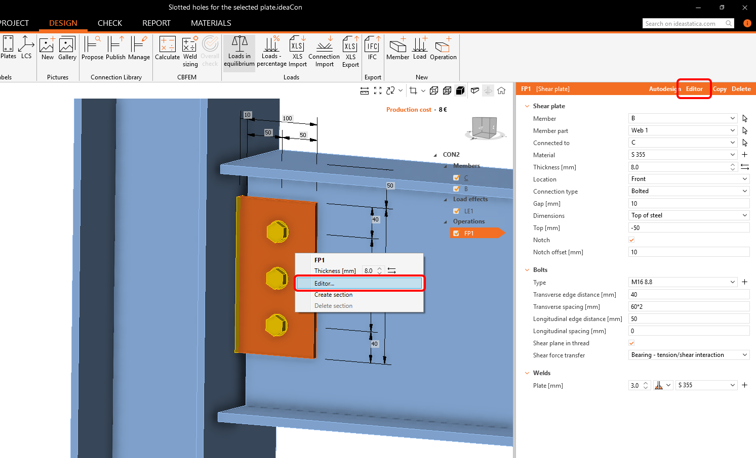 Slotted hole sizes for the selected plate | IDEA StatiCa